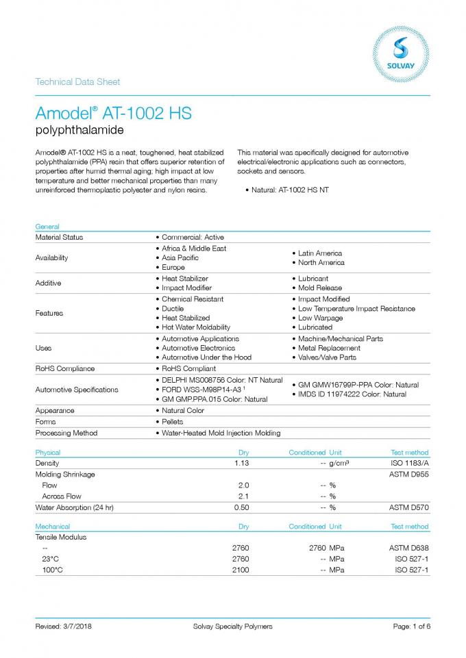 Solvay PPA PA Resin Amodel AT-1002HS Neat Toughened Heat Stabilized